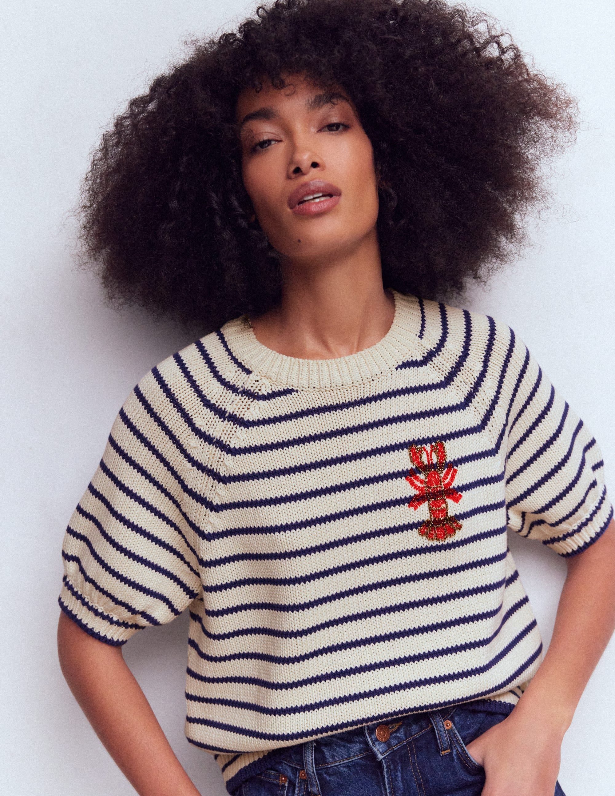 Margot Puff Sleeve T-Shirt-Ivory/ Navy Lobster | Boden AU