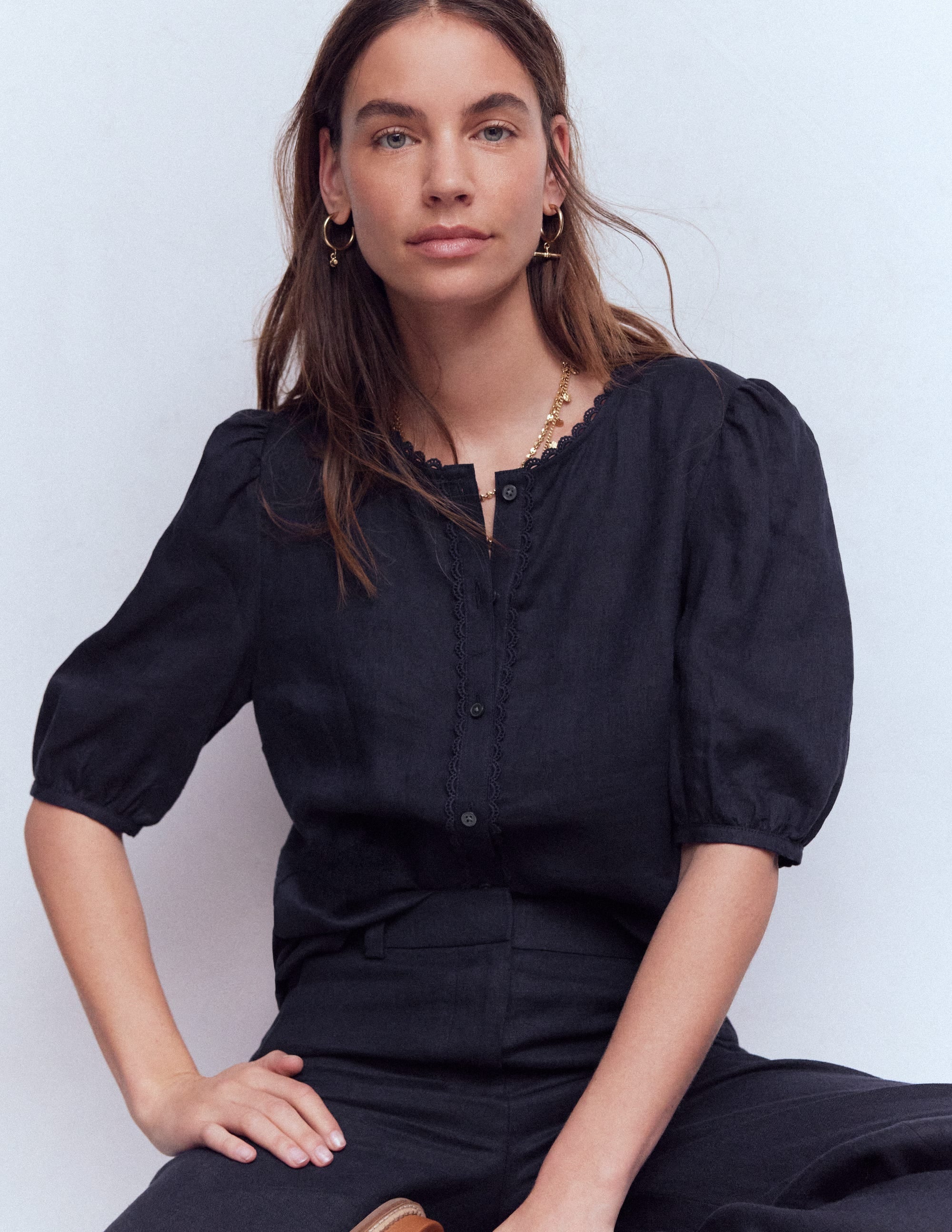 Leah Short Sleeve Linen Top-Navy | Boden UK