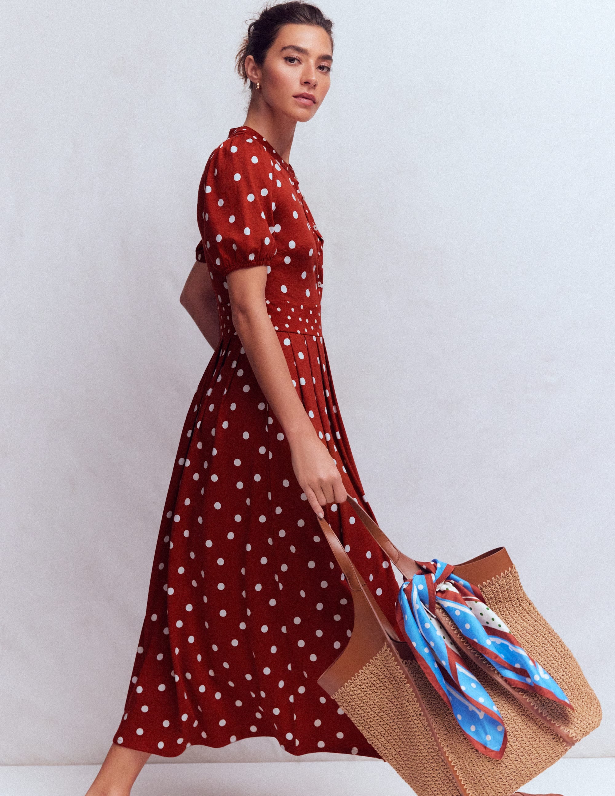 Amber Pleat Jersey Midi Dress-Burnt Orange, Painted Dot | Boden UK