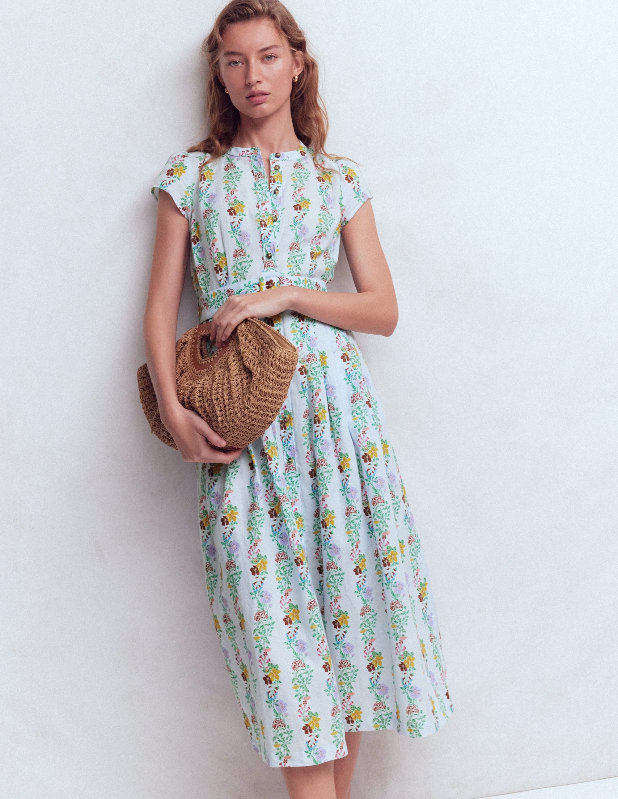 Arabella Linen Blend Dress-Ice Cube Blue, Blossom Trail | Boden AU