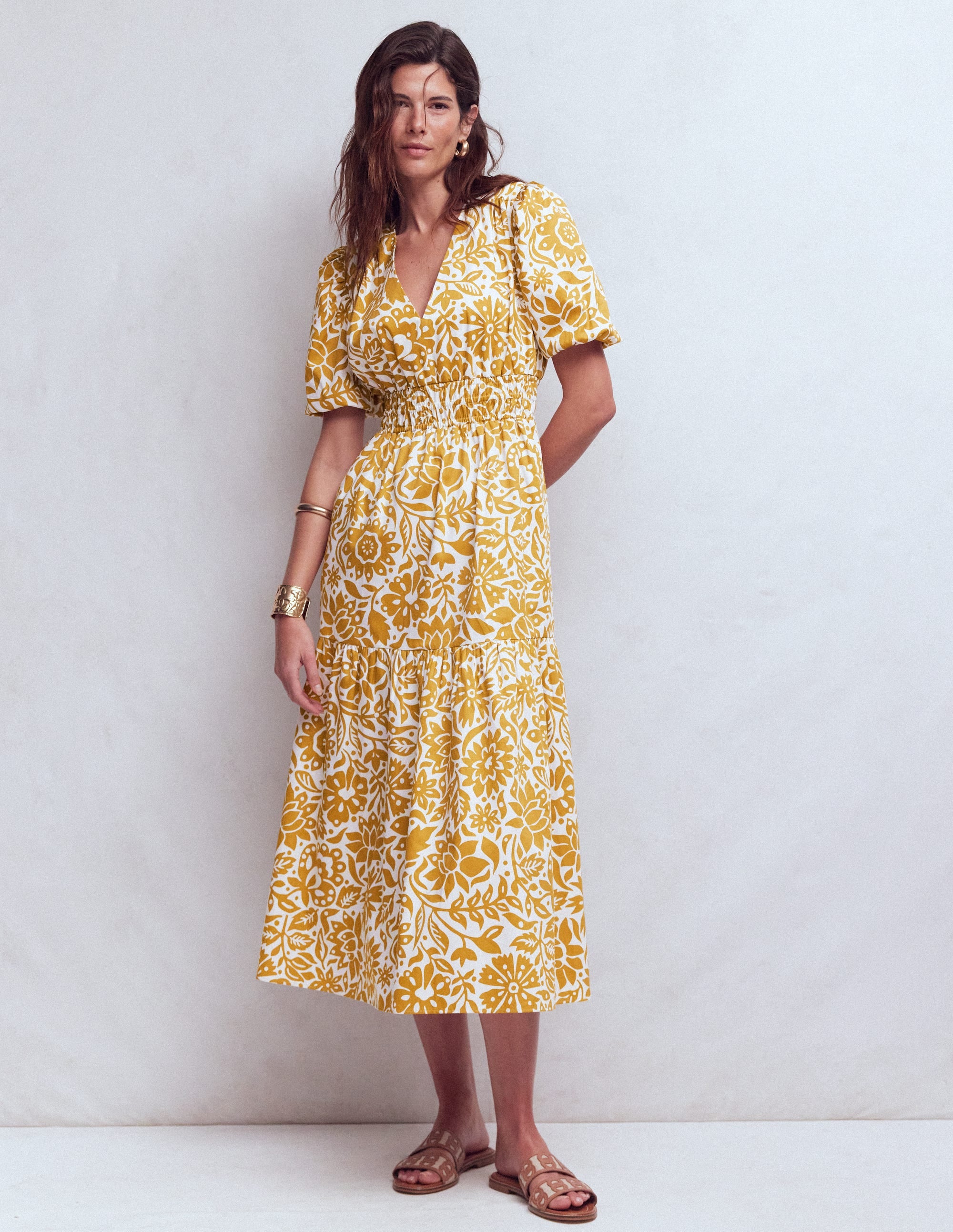Irene Puff Sleeve Cotton Dress-Gold Wheat, Meadow Scatter | Boden AU