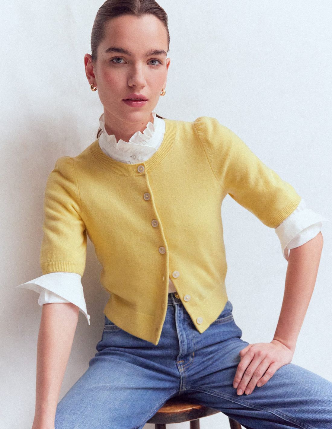 Cropped Cashmere Cardigan-Sandstone Yellow | Boden UK
