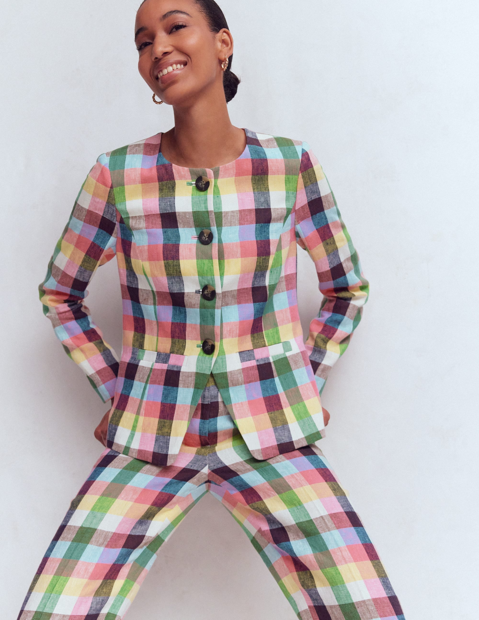 Hampstead Linen Blazer-Soft Yellow, Pink Multigingham | Boden UK